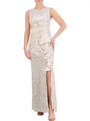 Eliza J Sequin Ruffle Sleeveless Lace Trumpet Gown - Champagne