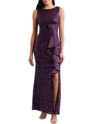 Eliza J Sequin Ruffle Sleeveless Lace Trumpet Gown - Plum