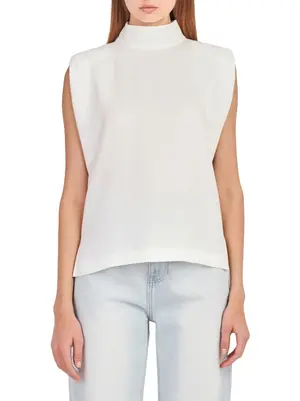 English Factory Shoulder Pad Mock Neck Top - Off White