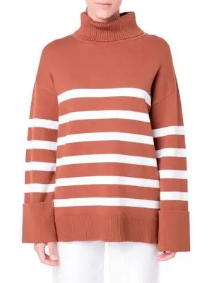 English Factory Stripe Turtleneck Sweater - Camel/ White