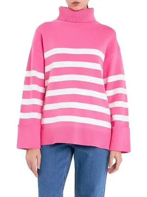 English Factory Stripe Turtleneck Sweater - Pink/ White