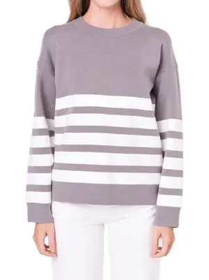 English Factory Stripe Crewneck Sweater - Heather Grey/white