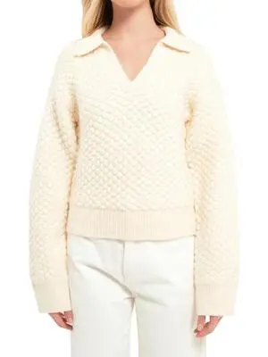 English Factory Textured V-neck Sweater - Ivory