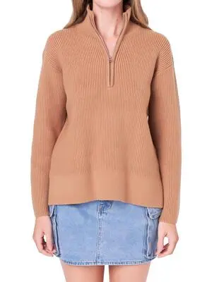 English Factory Half Zip Ribbed Pullover Sweater - Camel