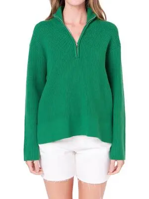 English Factory Half Zip Ribbed Pullover Sweater - Green