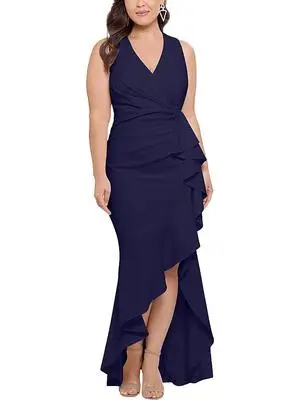 Betsy & Adam Sleeveless V-neck Ruffled Gown - Navy