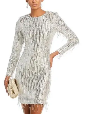 Eliza J Sequin Fringe Long Sleeve Cocktail Dress - Silver