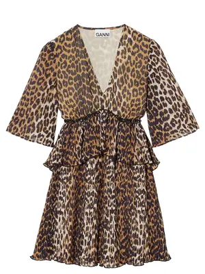 GANNI Net Sustain Pleated Leopard-print Recycled-georgette Mini Dress - Animal Print