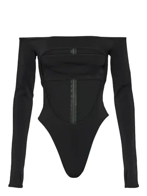 MUGLER Circle Off-shoulder Cutout Bodysuit - Black