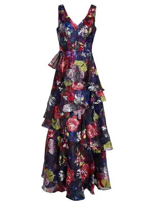 Marchesa Tiered Embroidered Floral-print Organza Gown - Navy