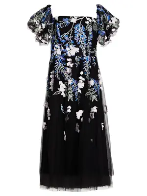 Marchesa Embroidered Tulle Midi Dress - Black