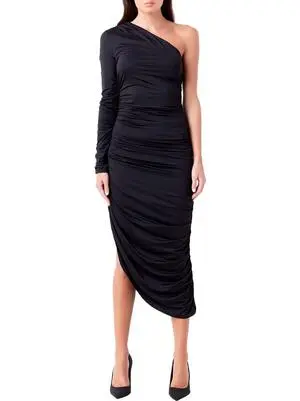 Endless Rose One-shoulder Asymmetric Hem Midi Dress - Black