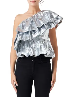 Endless Rose Metallic Tiered One-shoulder Top - Silver