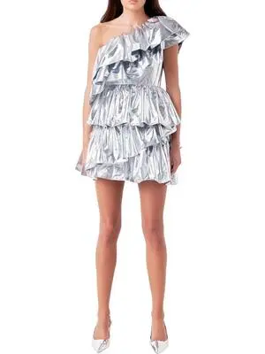 Endless Rose One-shoulder Metallic Tiered Mini Dress - Silver