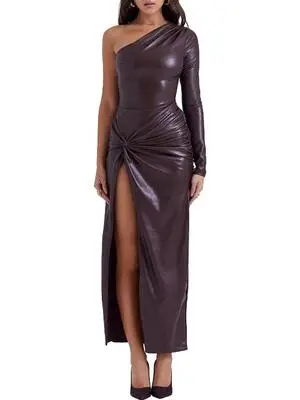 House Of Cb Octavia One-shoulder Faux Leather Dress - Brown Leather
