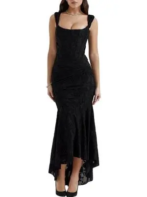 House Of Cb HOUSE OF CB Cesca Floral Ruched High-Low Dress Black