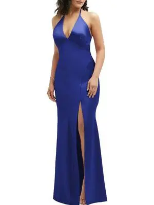 After Six Plunge Neck Charmeuse Halter Gown - Cobalt Blue