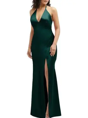 After Six Plunge Neck Charmeuse Halter Gown - Evergreen