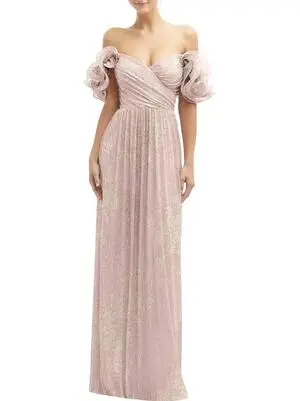 After Six Ruffle Off-the-shoulder Metallic Gown - Pink Gold