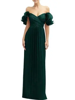 After Six Ruffle Off-the-shoulder Metallic Column Gown - Evergreen Metallic