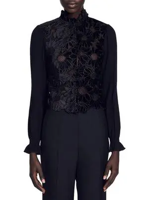 Sandro Floral Lace Mock Neck Top - Black