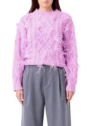 Endless Rose Feather Trim Cable Knit Sweater - Lilac