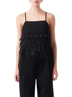 Endless Rose Lace Feather Trim Camisole - Black