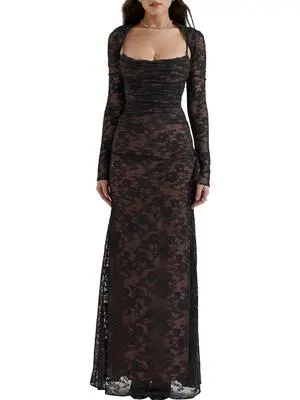 knee length dresses for ladies Self-Portrait - Brown Floral Lace Maxi Dress