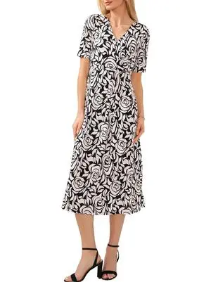 Chaus Print Faux Wrap Midi Dress - Black/white