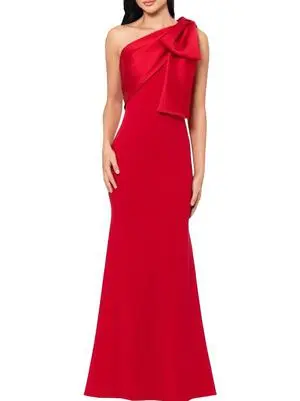 Betsy & Adam Bow One-shoulder Crepe Mermaid Gown - Red
