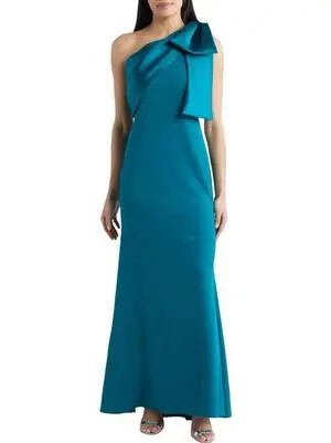 Betsy & Adam Bow One-shoulder Crepe Mermaid Gown - Teal