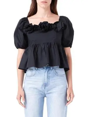 English Factory Corsage Detail Cotton Poplin Top - Black