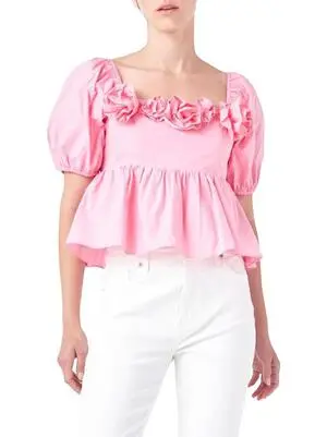 English Factory Corsage Detail Cotton Poplin Top - Pink