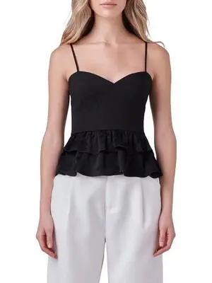 Endless Rose Mixed Media Layered Ruffle Camisole - Black