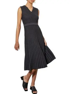 Ming Wang Stripe Sleeveless Midi Sweater Dress - Blk/ Granite