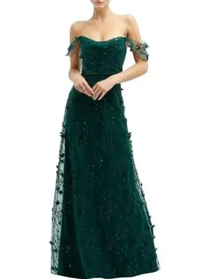 Dessy Collection 3d Embroidered Off-the-shoulder Gown - Evergreen