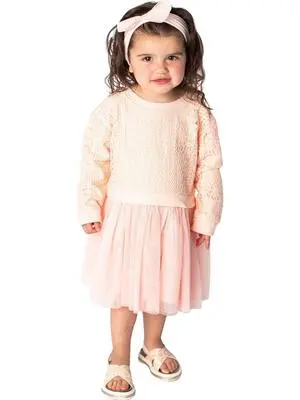POPATU Long Sleeve Lace & Tulle Dress - Peach