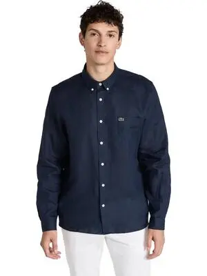 Lacoste Regular Fit Linen Casual Button Down Shirt - Navy Blue
