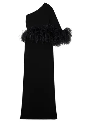 16Arlington Alder One-shoulder Feather-trimmed Gown - Black