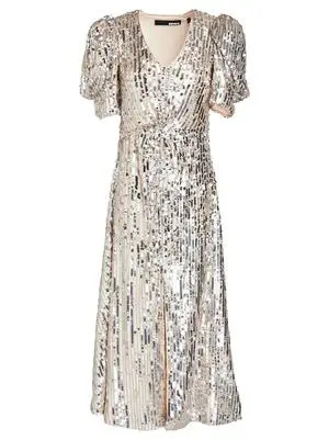 ROTATE BY BIRGER CHRISTENSEN Sequined Mesh Midi Dress - Silver