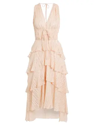Maje Ruffled Metallic Silk-blend Crepon Midi Dress - Blush