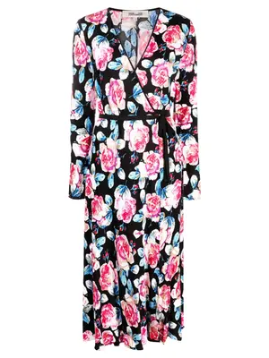 Diane Von Furstenberg Anika Rose-print Midi Wrap Dress - Black