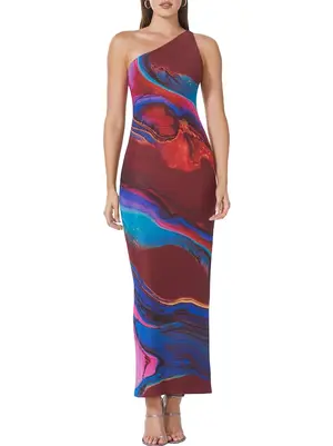 AFRM Foley One-shoulder Printed Dress - Ocean Marble