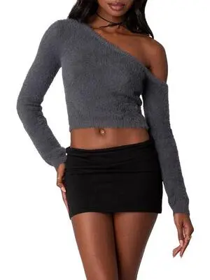 EDIKTED Frannie One-shoulder Fuzzy Crop Top - Gray