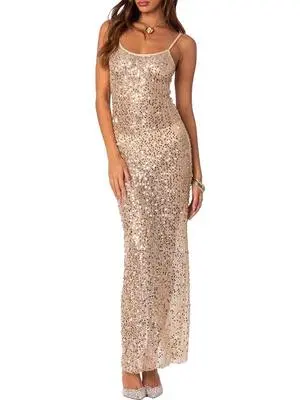 EDIKTED Sheer Mesh Sequin Maxi Dress - Gold