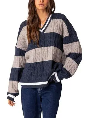 EDIKTED Romie Cable Knit V-neck Sweater - Navy