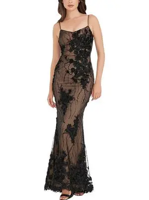 Dress The Population Giovanna Floral Applique Gown - Black/nude