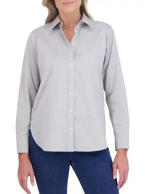 Foxcroft Foxcroft Meghan Solid Cotton Button-up Shirt Silver