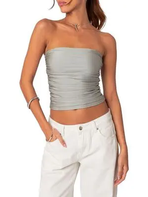 EDIKTED Maxeen Shiny Ruched Crop Tube Top - Silver