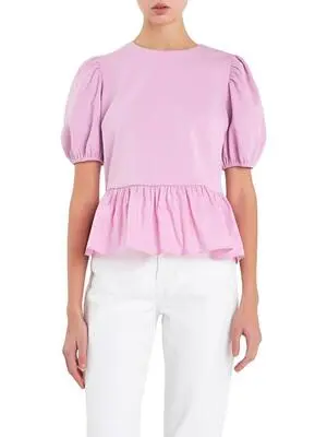 English Factory Mixed Media Peplum Top - Lavender